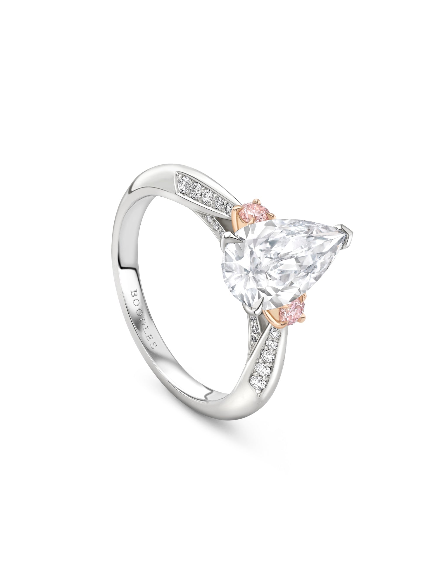 Trilogy Diavik Pear Diamond Pink Diamond Shoulders Platinum Ring Boodles