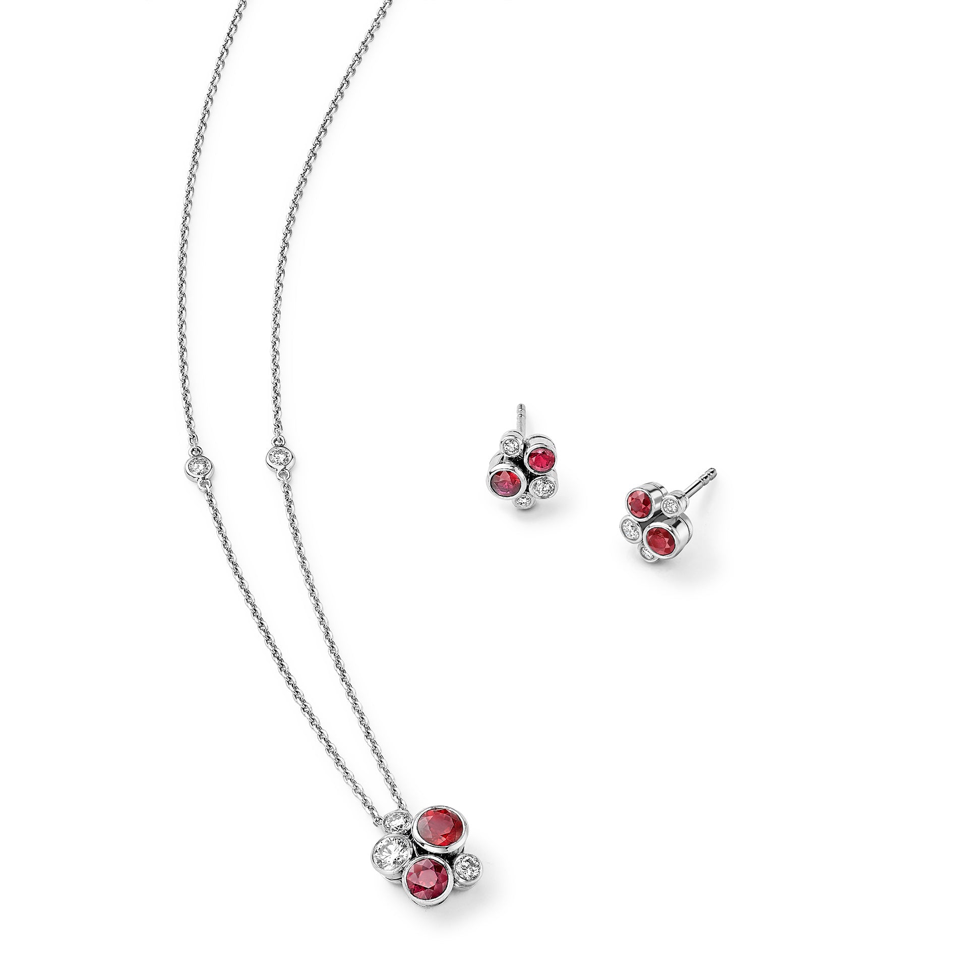 Raindance Ruby Platinum Cluster Pendant and Earrings Set | Boodles